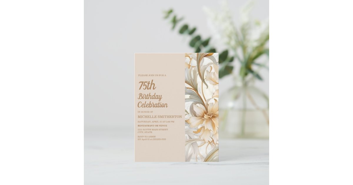 Elegant Tan Rust Watercolor Floral 75th Birthday Invitation | Zazzle