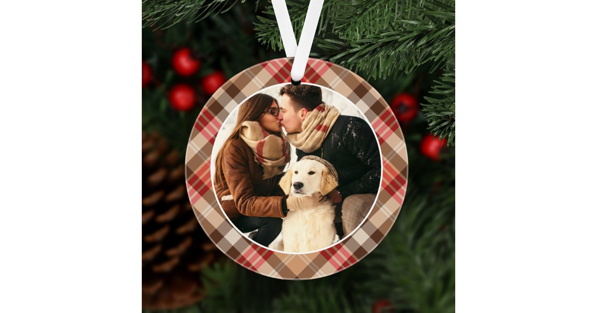 Elegant Tan Tartan Plaid Christmas Monogram Photo Ornament | Zazzle