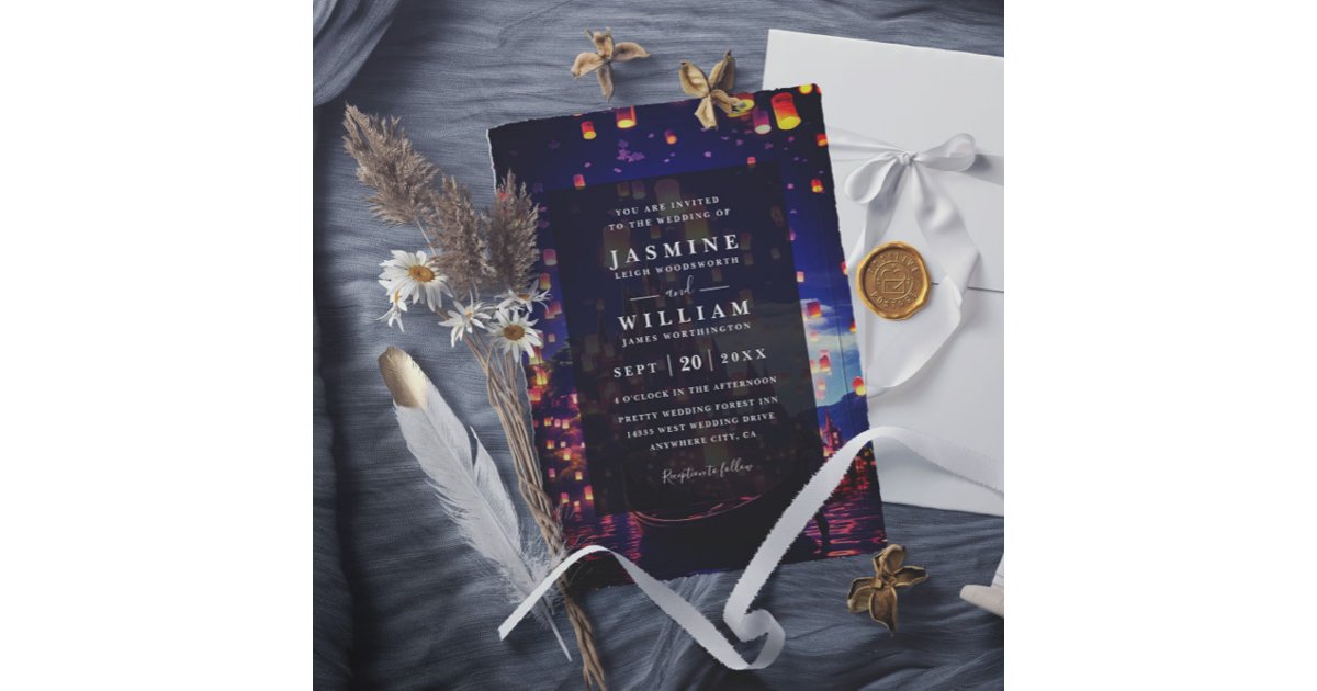 Elegant Tangled Lanterns Budget QR Code Wedding Invitation | Zazzle