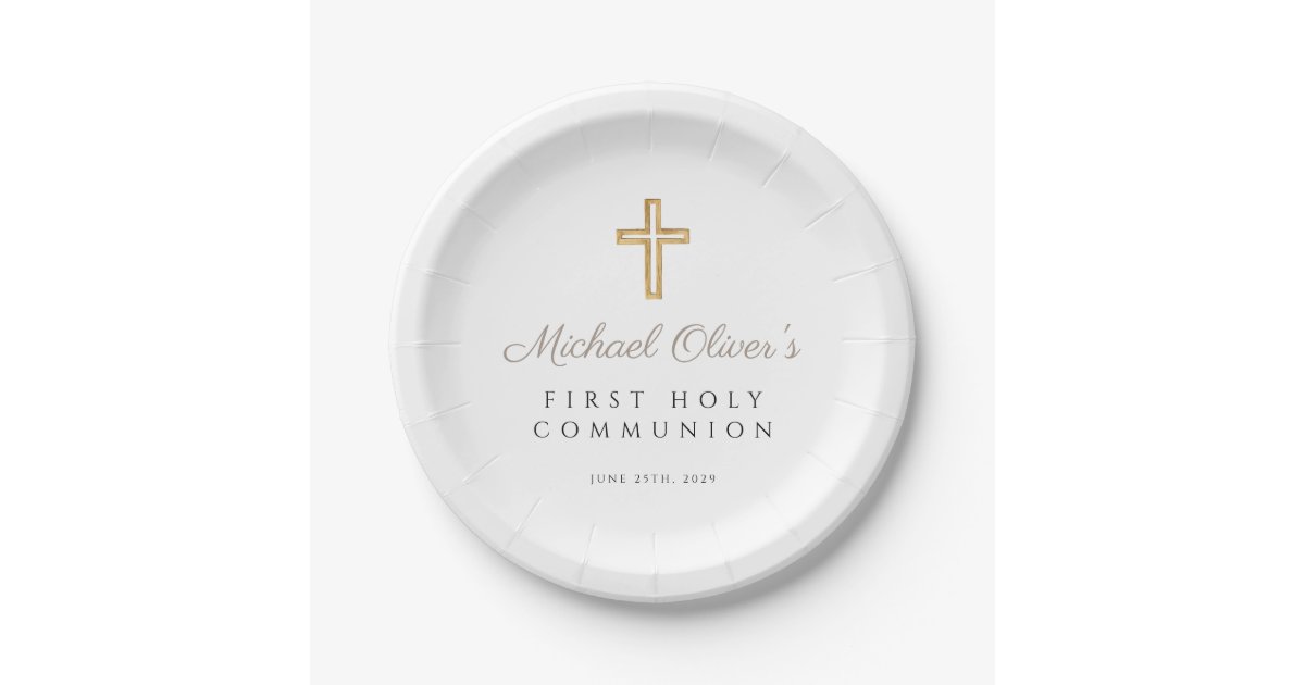 Elegant Taupe Cross First Communion Paper Plates | Zazzle