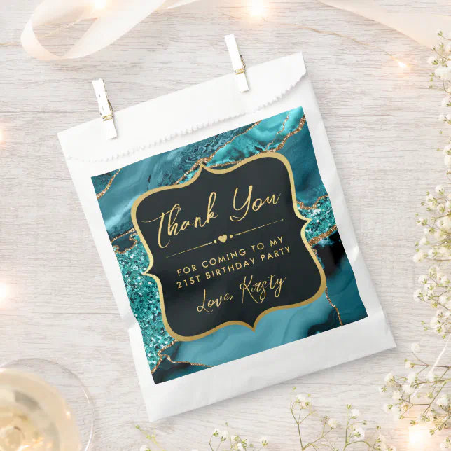 Elegant Teal and Gold Glitter Agate Birthday Favor Bag | Zazzle