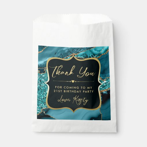 Elegant Teal and Gold Glitter Agate Birthday Favor Bag | Zazzle