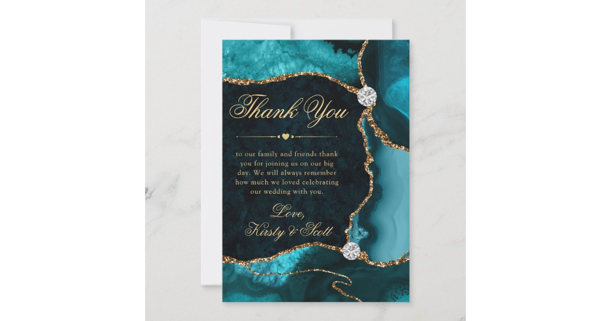 Elegant Teal and Gold Glitter Agate Wedding Thank You Card | Zazzle