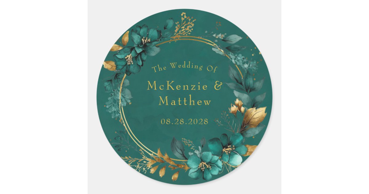 Elegant Teal and Gold Watercolor Floral Wedding Cl Classic Round ...