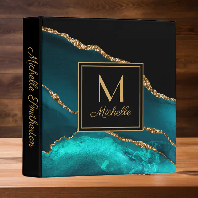 Elegant Teal Black Gold Marble Monogram 3 Ring Binder | Zazzle