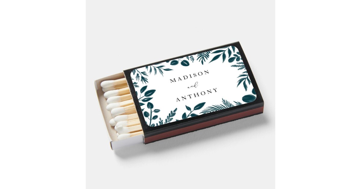 Elegant Teal Blue Botanical Wedding Matchboxes | Zazzle