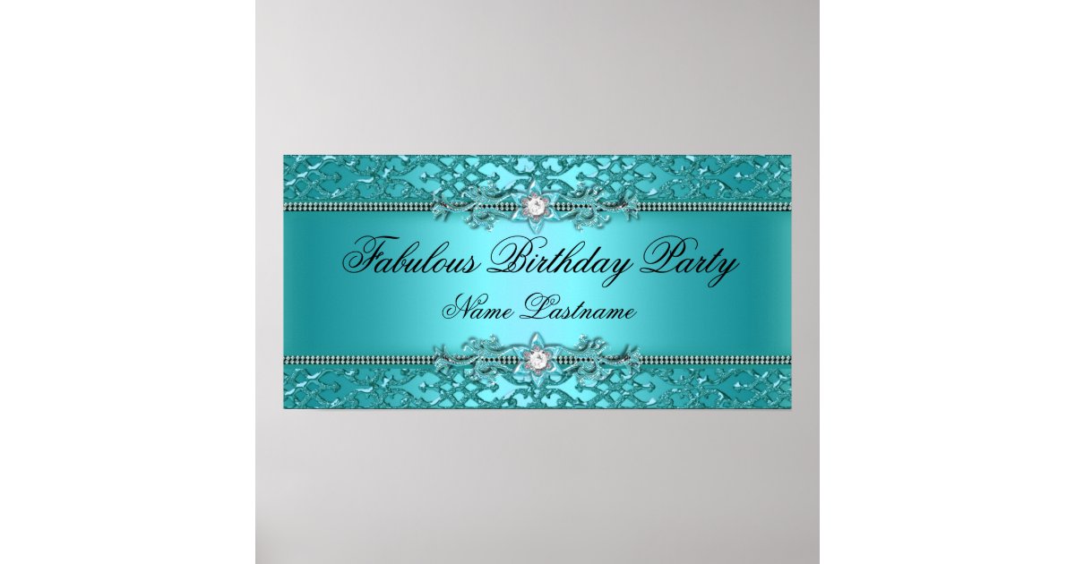 Elegant Teal Blue Damask Embossed Birthday Banner Poster | Zazzle