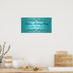 Elegant Teal Blue Damask Embossed Birthday Banner Poster | Zazzle