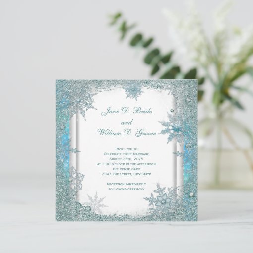 Elegant Teal Blue Snowflake Wedding Invitation | Zazzle