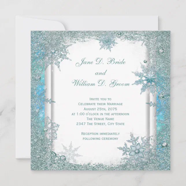 Elegant Teal Blue Snowflake Wedding Invitation | Zazzle