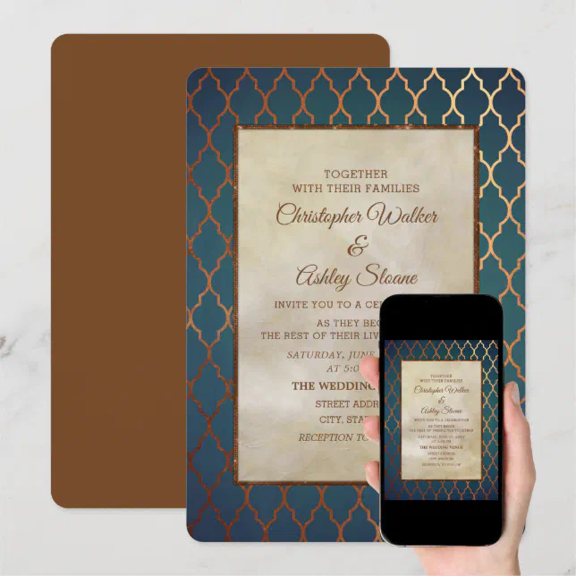 Elegant Teal Copper Wedding Invitation | Zazzle