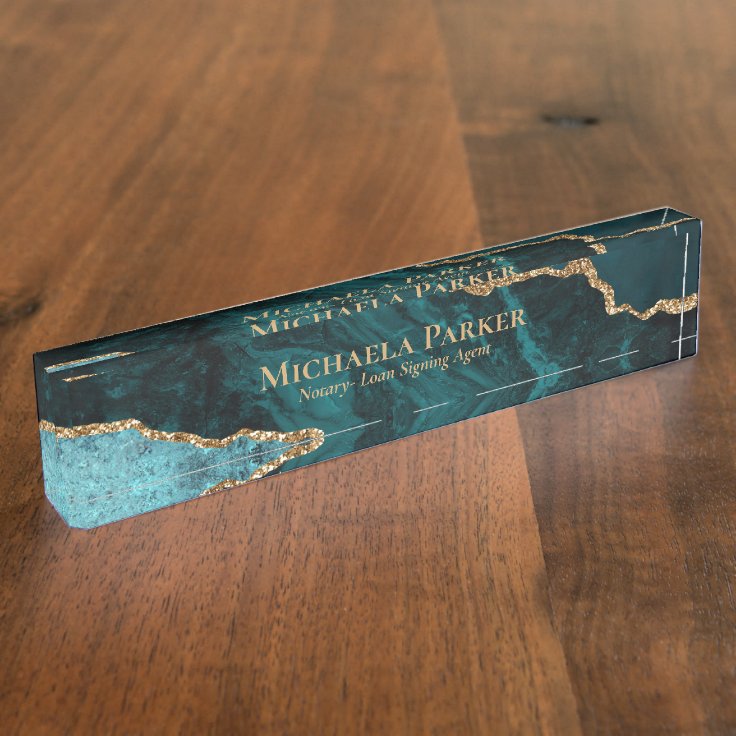 Elegant Teal Gold Agate Geode Professional Desk Name Plate | Zazzle