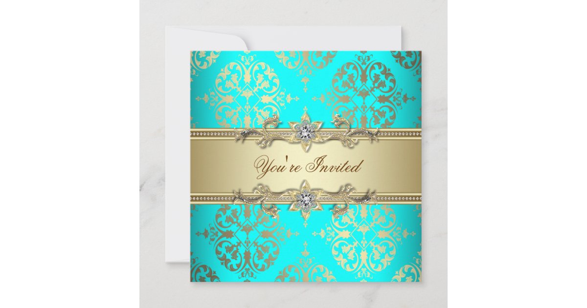 Elegant Teal Gold Damask Party Invitation | Zazzle