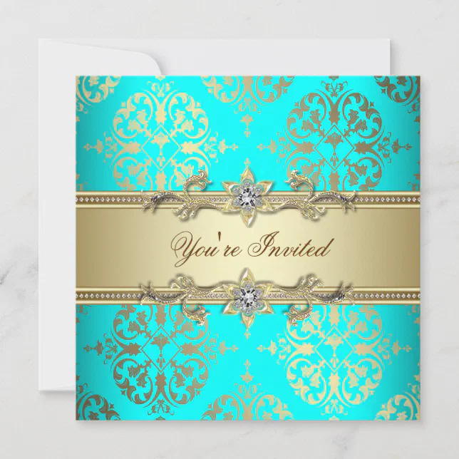 Elegant Teal Gold Damask Party Invitation | Zazzle