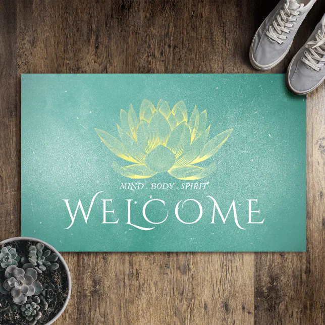 Elegant Teal Gold Lotus Yoga instructor Welcome Doormat | Zazzle