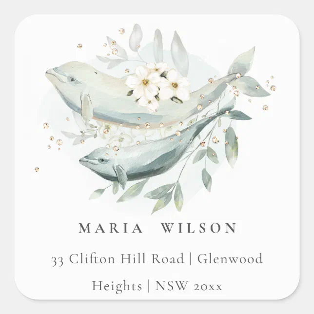 Elegant Teal Gold Underwater Floral Fish Address Square Sticker | Zazzle
