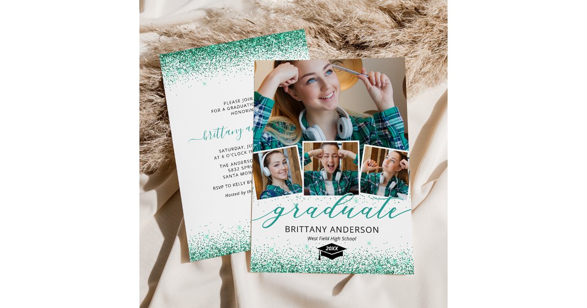 Elegant Teal Graduation 4 Photo Invitation | Zazzle