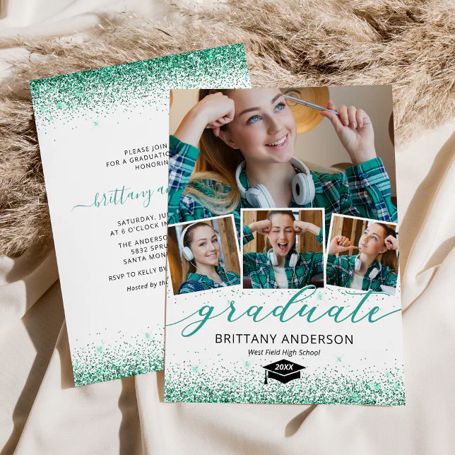 Elegant Teal Graduation 4 Photo Invitation | Zazzle