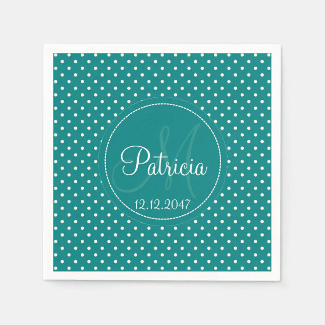 Elegant Teal Green & White Polka Dots Monogrammed Napkins | Zazzle