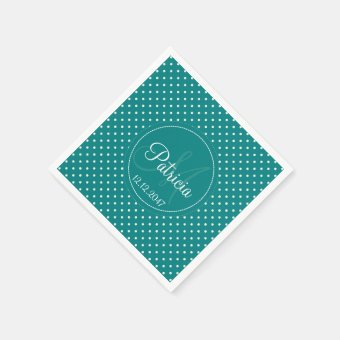 Elegant Teal Green & White Polka Dots Monogrammed Napkins | Zazzle