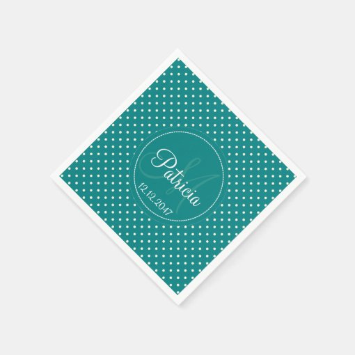 Elegant Teal Green & White Polka Dots Monogrammed Napkins | Zazzle