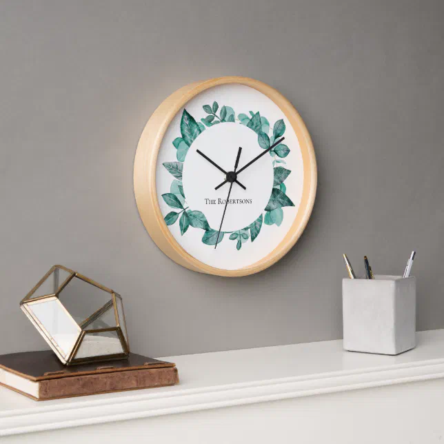 Elegant Teal Greenery Modern Personalized Name Clock | Zazzle