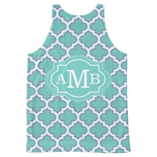 Elegant Teal Quatrefoil Pattern Custom Monogram All Over Print Tank Top