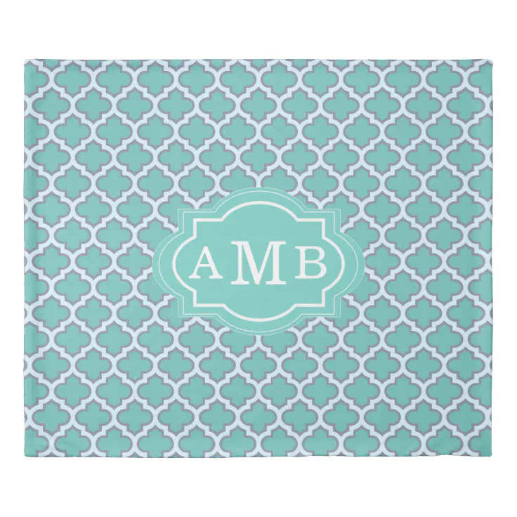 Elegant Teal Quatrefoil Pattern Custom Monogram Duvet Cover | Zazzle