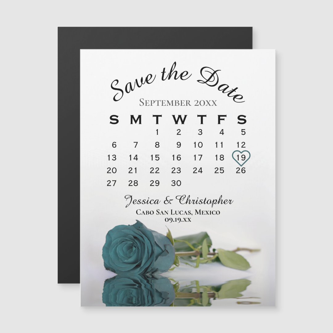 Elegant Teal Rose Save the Date Calendar Magnet | Zazzle
