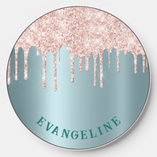 Elegant Teal Satin With Pink Rose Glitter Drips Wireless Charger | Zazzle