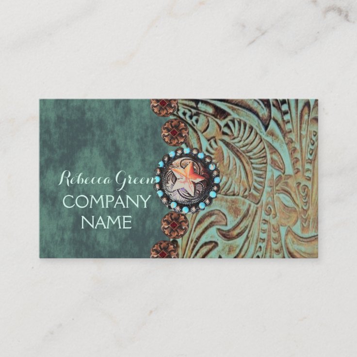 elegant teal western country tooled leather business card | Zazzle