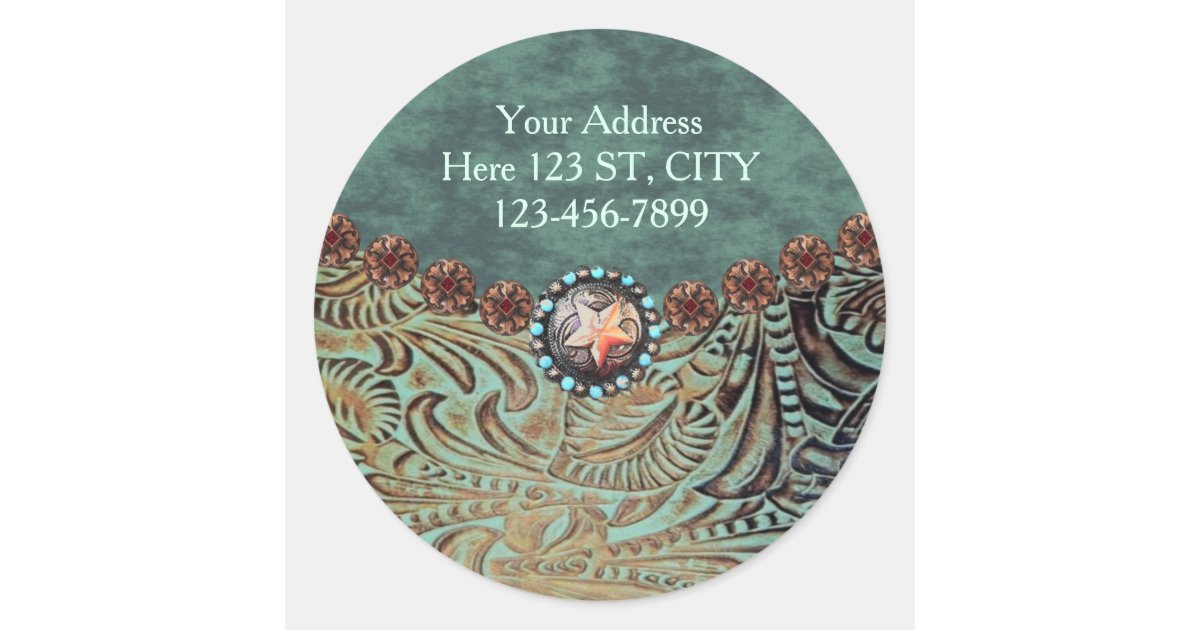 elegant teal western country tooled leather classic round sticker | Zazzle