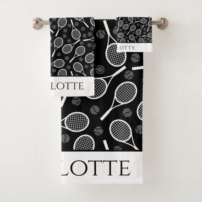 Elegant Tennis Ball Racket Pattern Stylish Black Bath Towel Set | Zazzle