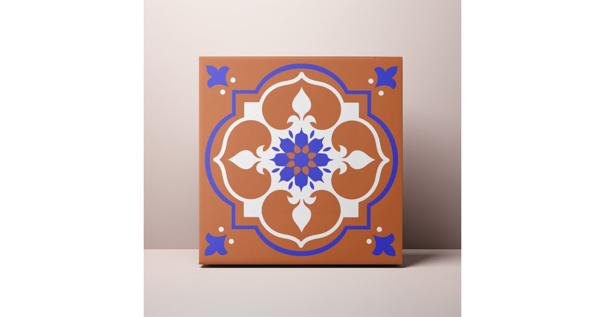 Elegant Terracotta and Blue Flower Azulejo Ceramic Tile | Zazzle