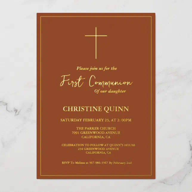 Elegant Terracotta and Gold First Holy Communion Foil Invitation | Zazzle
