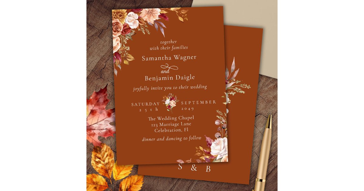 Elegant Terracotta Fall Floral Wedding Invitation | Zazzle