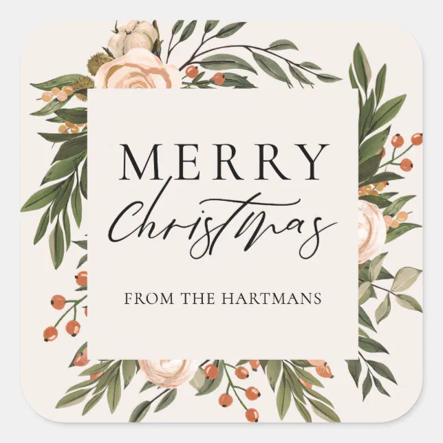 Elegant Terracotta Floral Boho Christmas Name Square Sticker | Zazzle