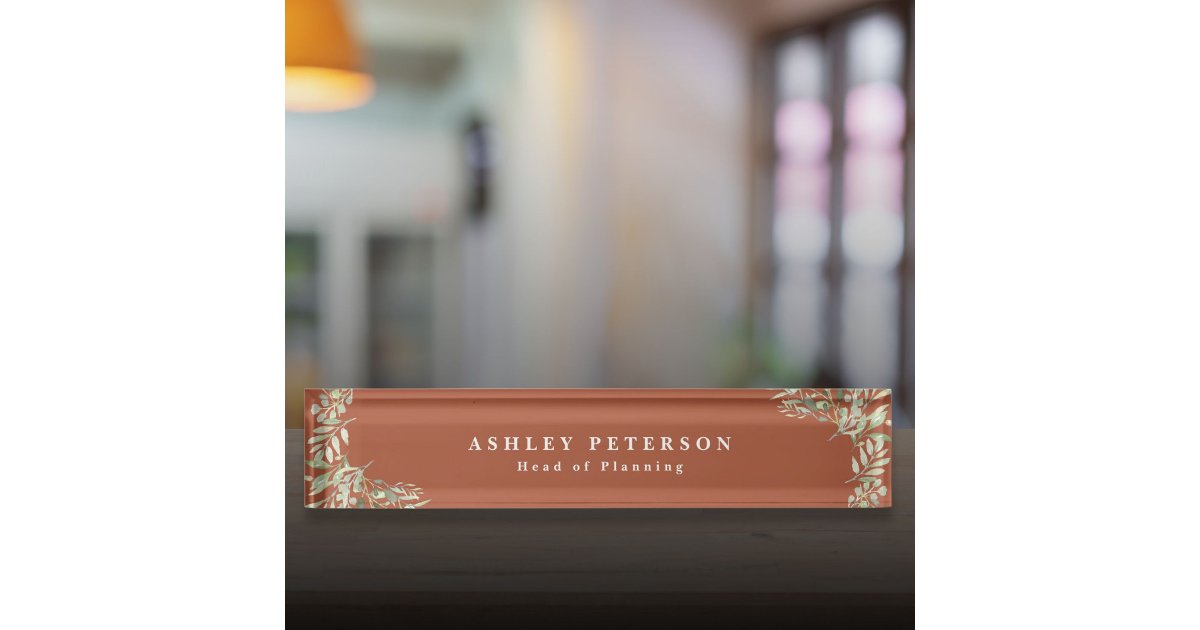 Elegant Terracotta Gold Greenery Desk Name Plate | Zazzle