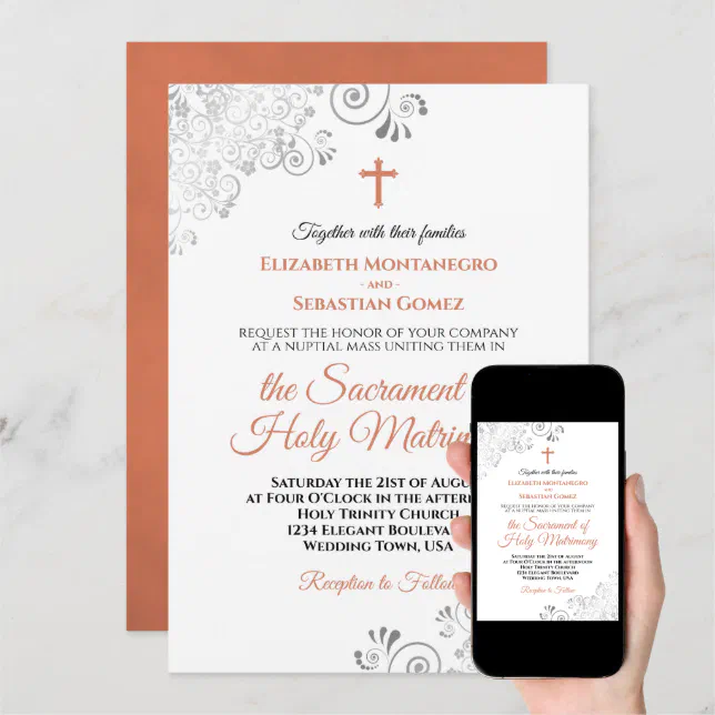Elegant Terracotta & Gray Modern Catholic Wedding Invitation | Zazzle