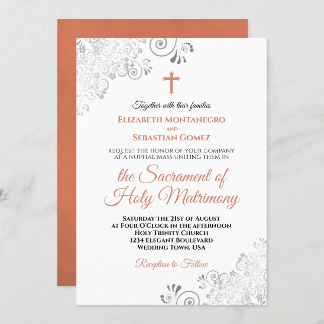 Elegant Terracotta & Gray Modern Catholic Wedding Invitation | Zazzle