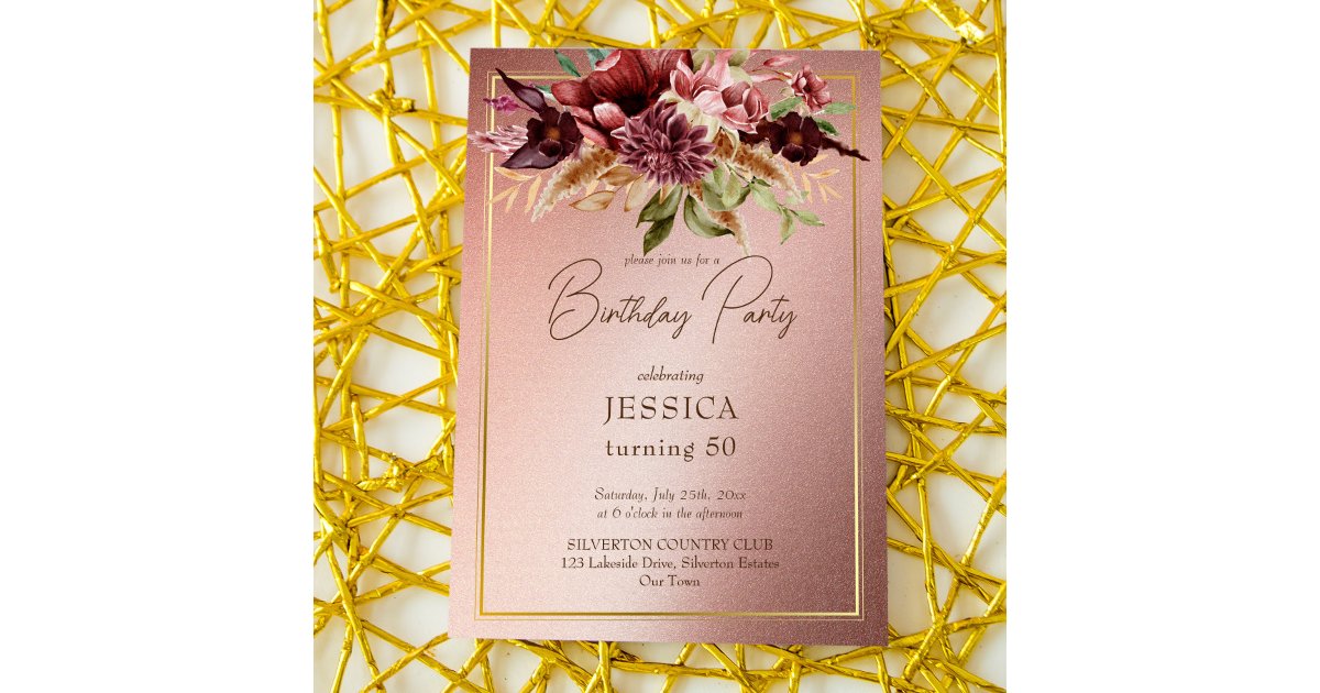 Elegant terracotta maroon fall flowers birthday invitation | Zazzle