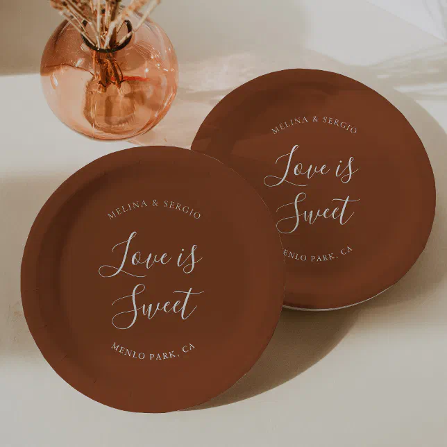 Elegant Terracotta Minimalist Calligraphy Wedding Paper Plates | Zazzle