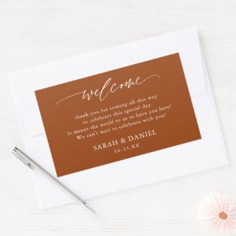 Elegant Terracotta Wedding Welcome Gift Rectangular Sticker | Zazzle