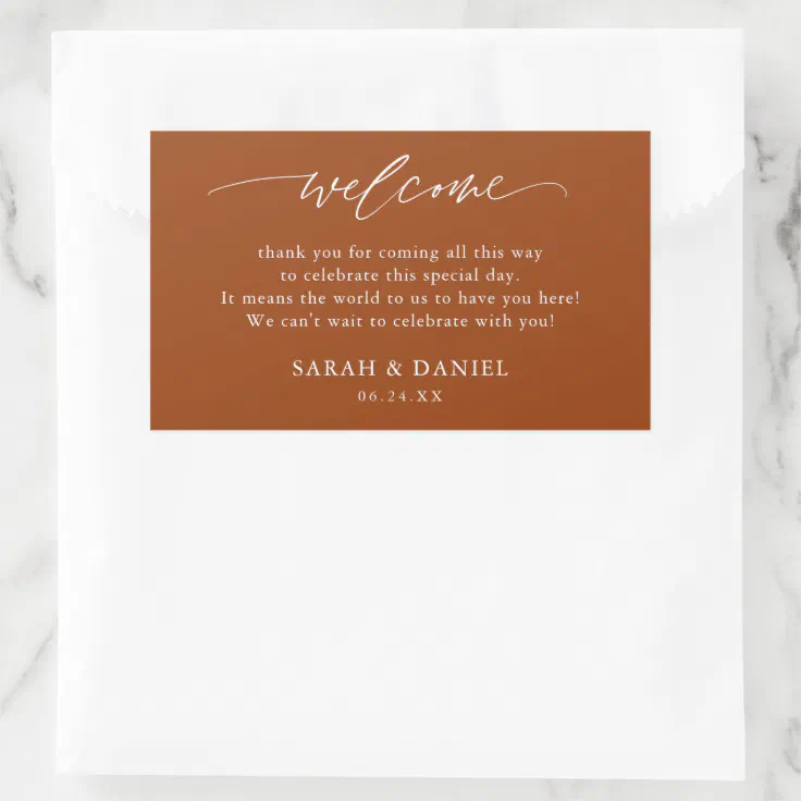 Elegant Terracotta Wedding Welcome Gift Rectangular Sticker | Zazzle