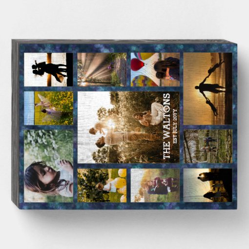 Elegant Textured Blue Frame Photo Collage Wooden Box Sign | Zazzle