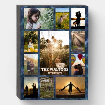 Elegant Textured Blue Frame Photo Collage Wooden Box Sign | Zazzle