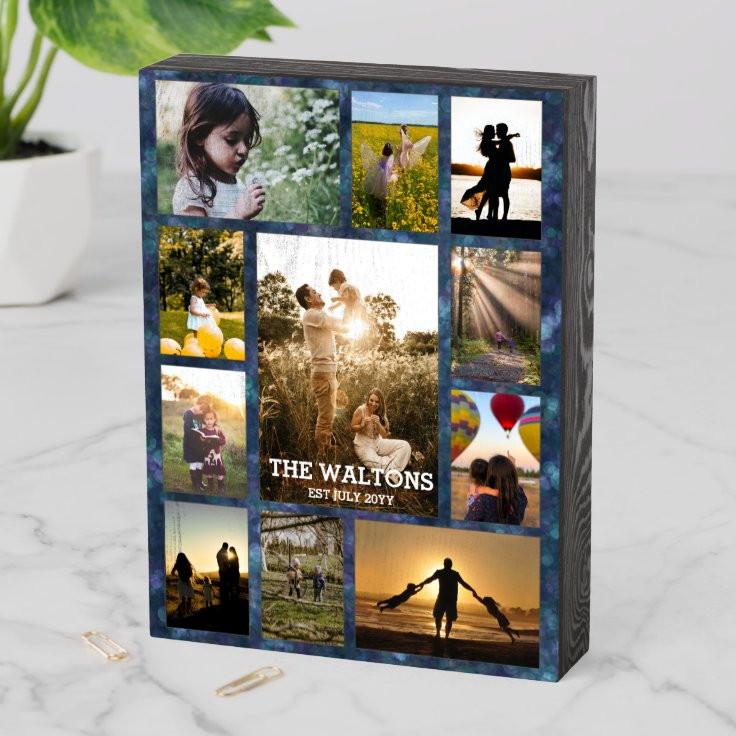 Elegant Textured Blue Frame Photo Collage Wooden Box Sign | Zazzle