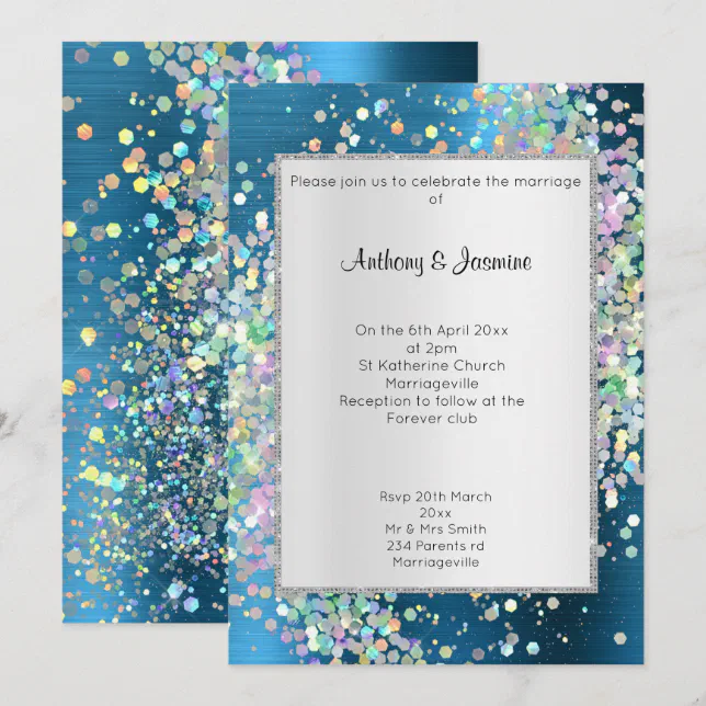ELEGANT TEXTURED BLUE HOLOGRAPHIC PASTEL WEDDING INVITATION | Zazzle