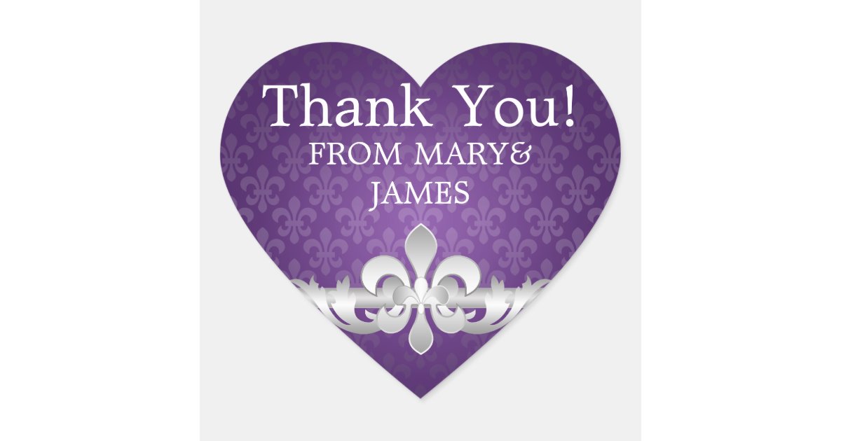 Elegant Thank you Fleur De Lis Purple Heart Sticker | Zazzle