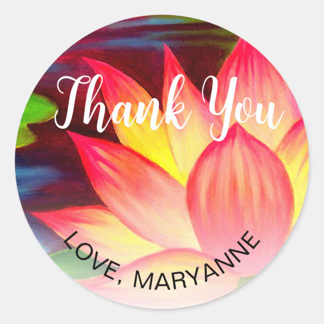 Elegant Thank You Floral Blush Pink Lotus Name Classic Round Sticker ...